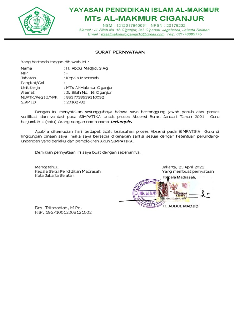 Surat Permohonan & Pernyataan Absensi | PDF