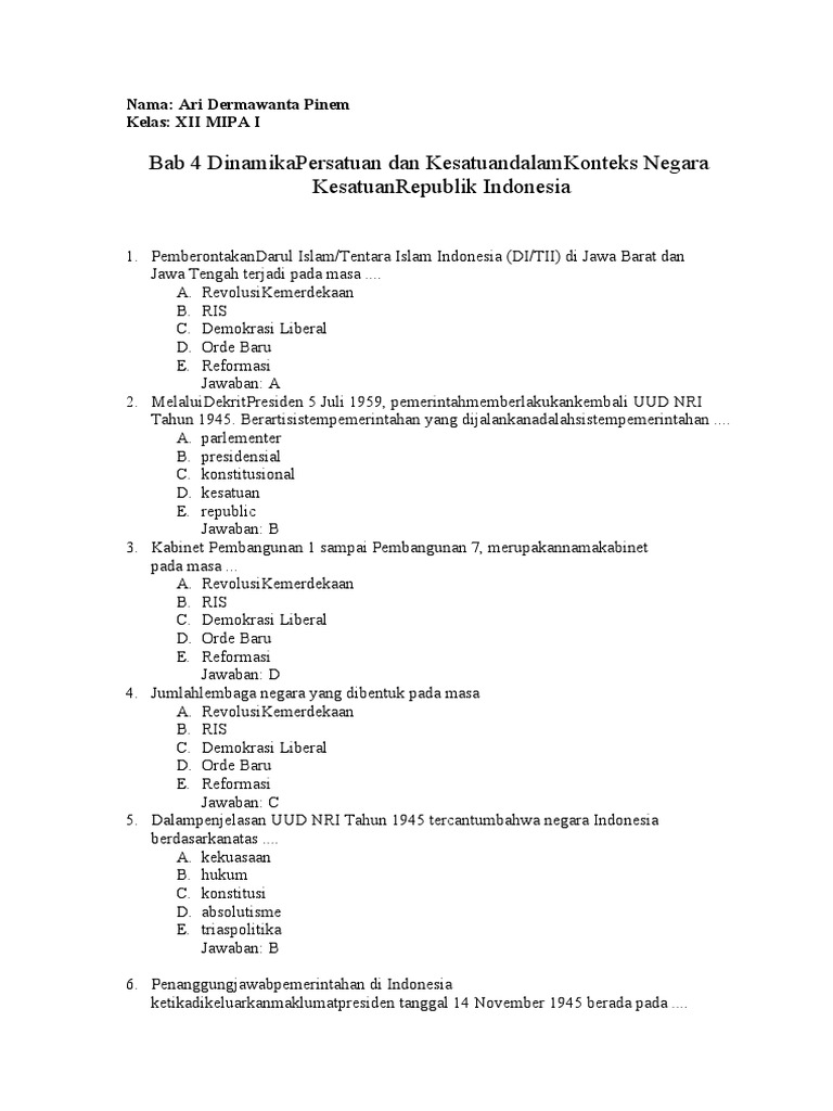 Bab 4 Dinamika Persatuan Dan Kesatuan Dalam Konteks Negara Kesatuan Republik Indonesia | PDF