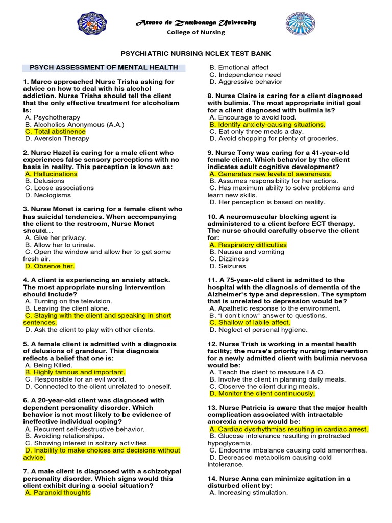 Midterm Psych NSG Nclex Test Banks | PDF | Mental Disorder | Anxiety ...
