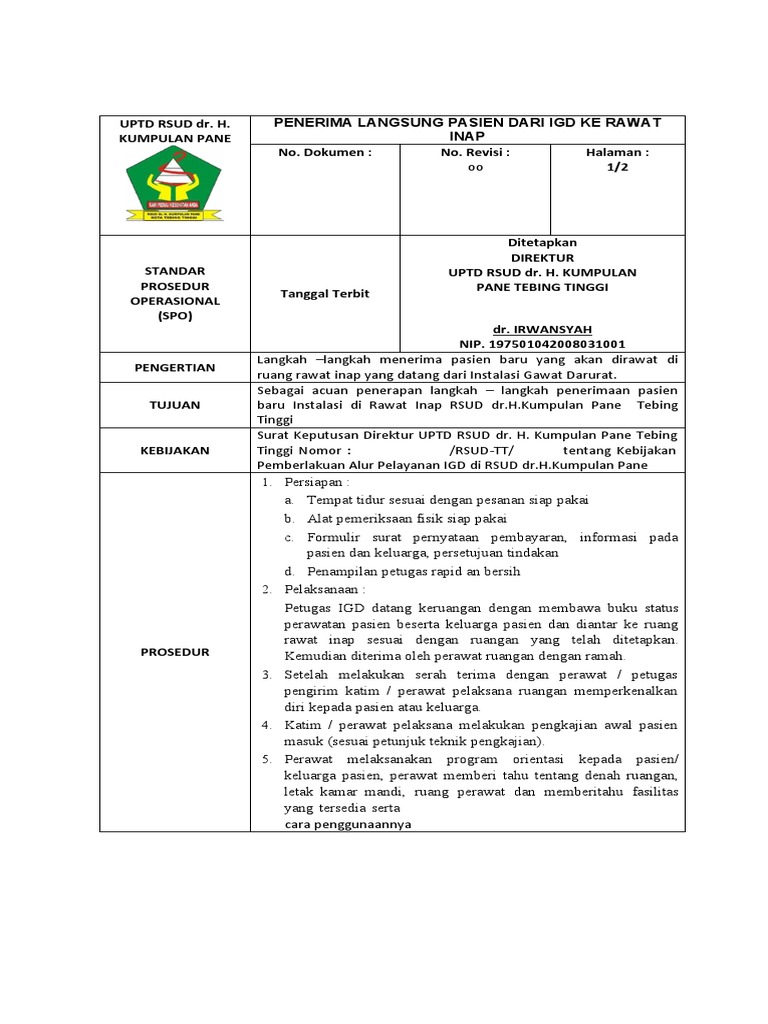 Spo Penerimaan LGSG PX Dri Igd Ke Ranap | PDF