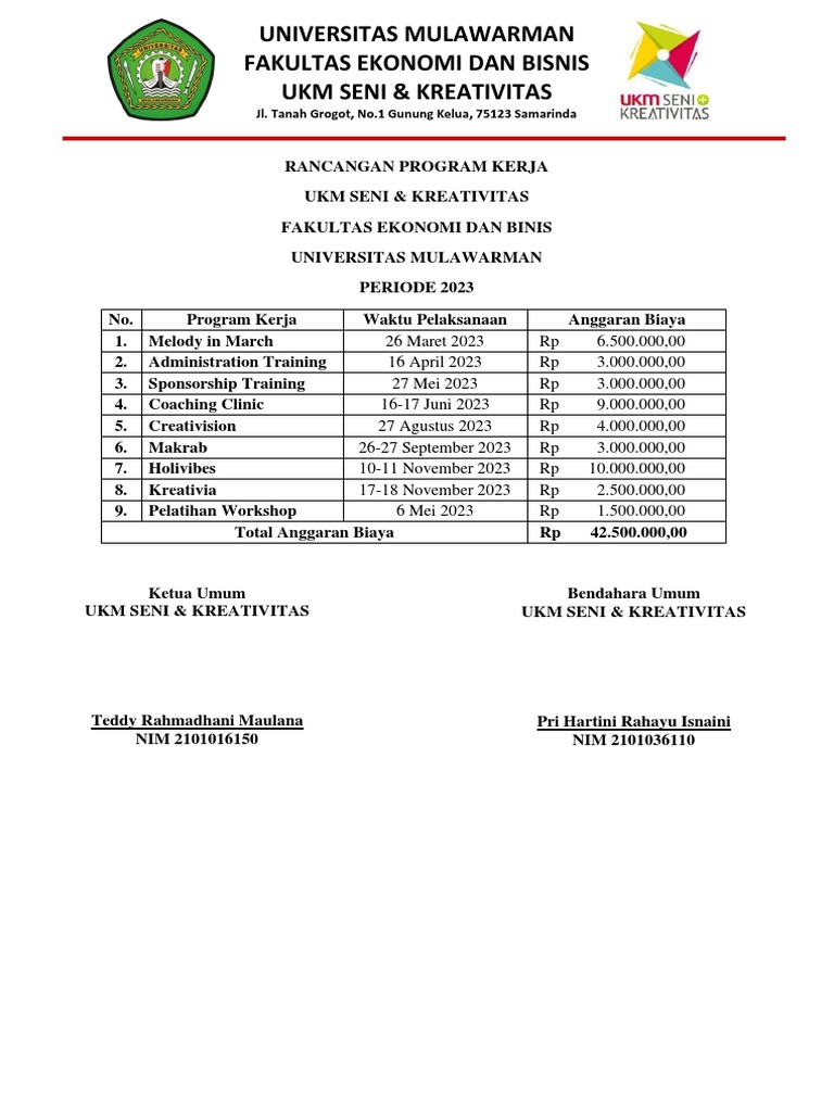 Rancangan Program Kerja UKM Seni & Kreativitas 2023 | PDF | Karier & Perkembangan | Bisnis