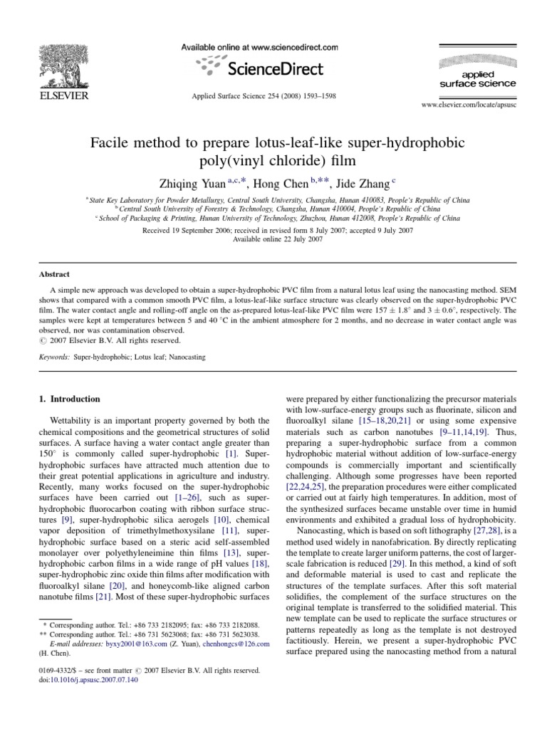 Facile Method of Prpeare Lotus-Leaf Like SHyrophobic PVC Film | PDF ...