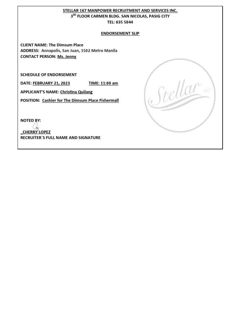 Endorsement Letter (TDP) - Christina Quilang | PDF