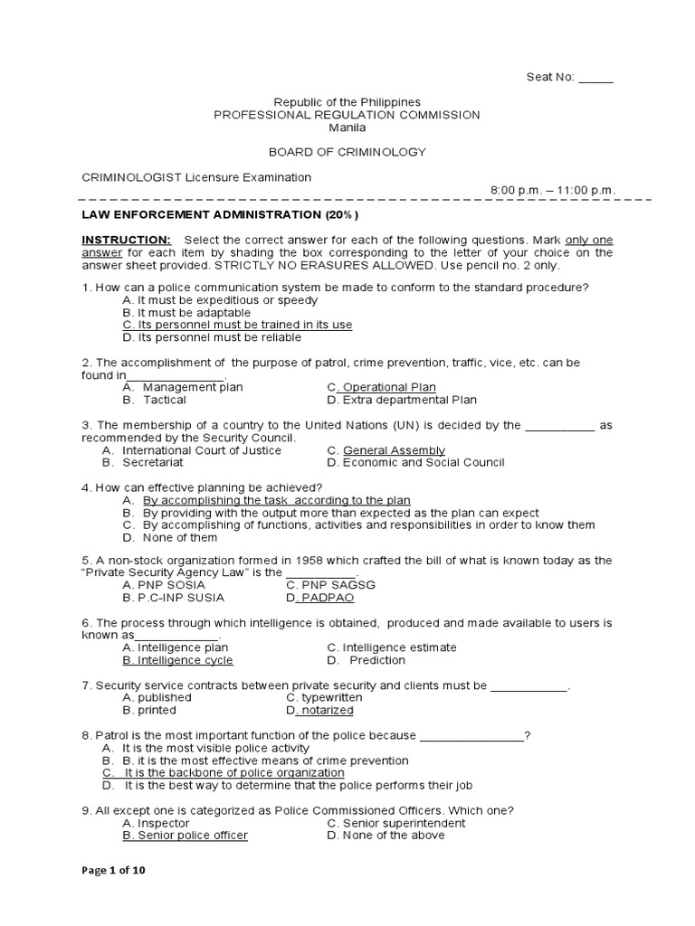 Law Enforcement Administration (20%) INSTRUCTION: Select The Correct ...