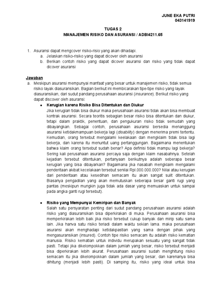 Tugas 2 - Manajemen Risiko Dan Asuransi | PDF