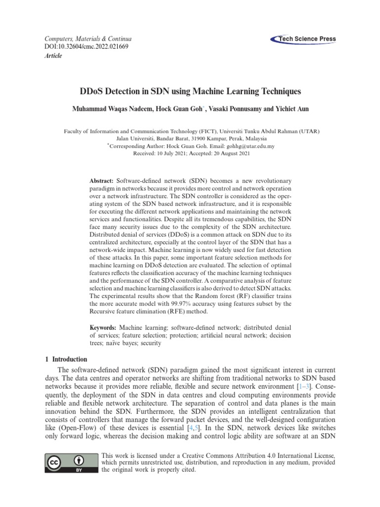 Ddos Detection In Sdn Using Machine Learning Techniques Pdf