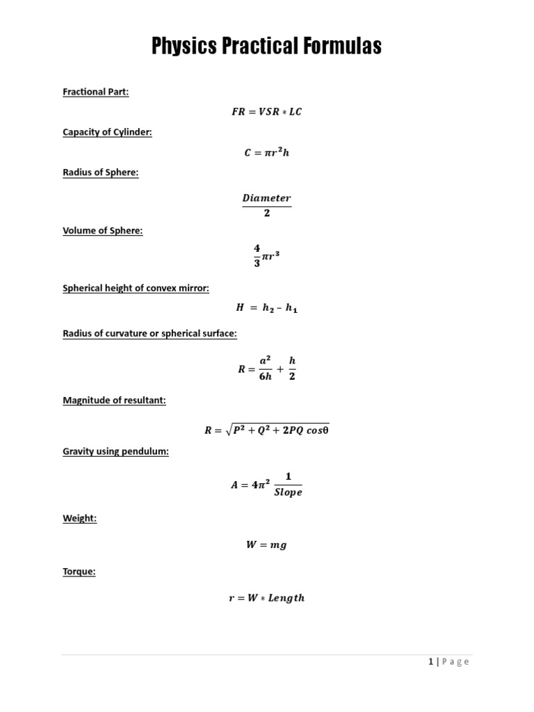 Physics Practical Formulas | PDF | Sphere | Continuum Mechanics