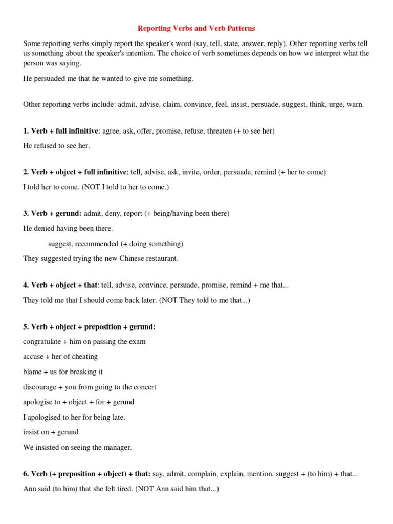 Reporting Verbs and Verb Patterns | PDF