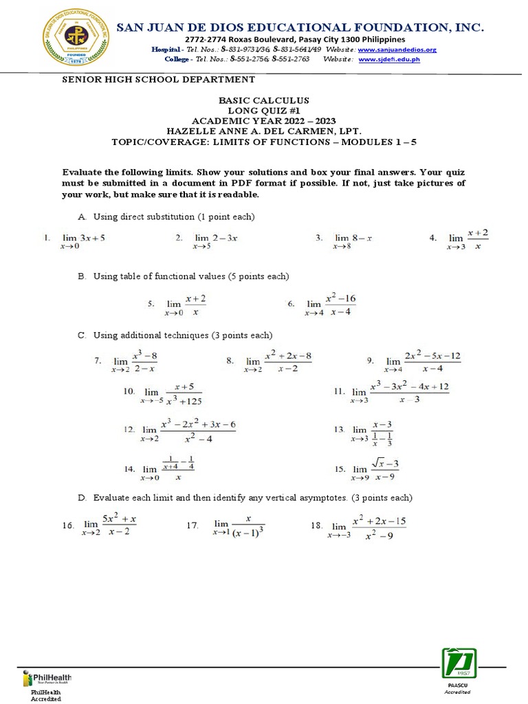 Basic Calculus Long Quiz Pdf