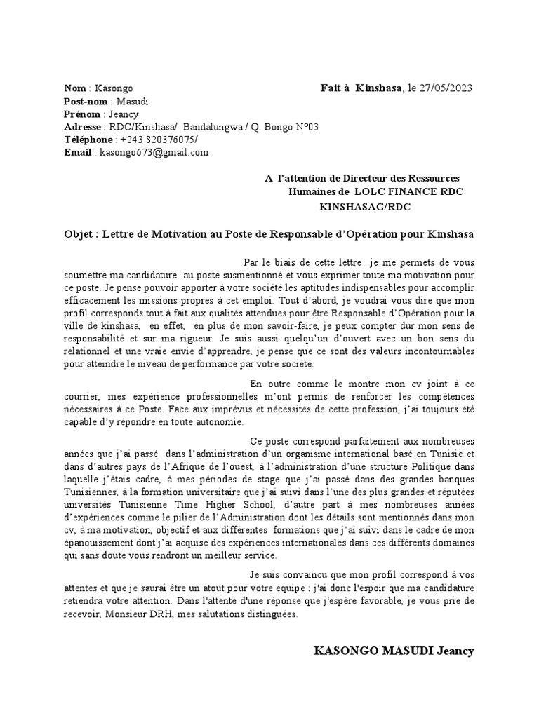 Lettre de Motivation Au Poste de Responsable D'opération | PDF | Motivation | Motivant