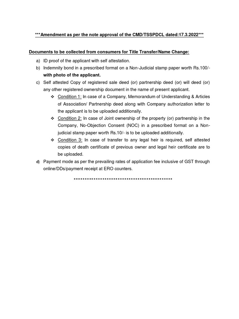 Documents Required For Electricity Title Transfer | PDF