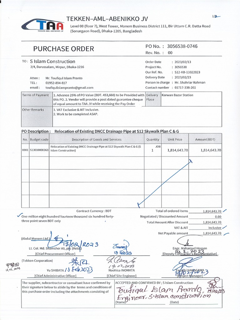 PO - 0746 - S Islam Construction - Relocation of Existing DNCC Drainage ...