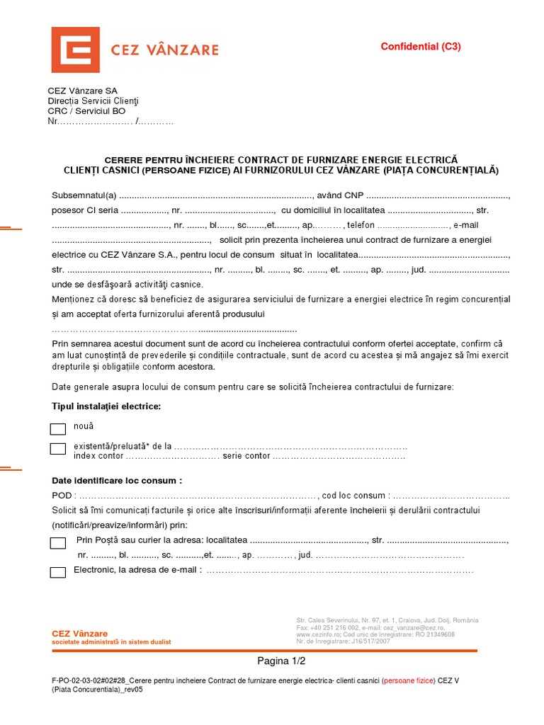 Cerere Pentru Incheiere Contract de Furnizare Energie Electrica Clienti ...