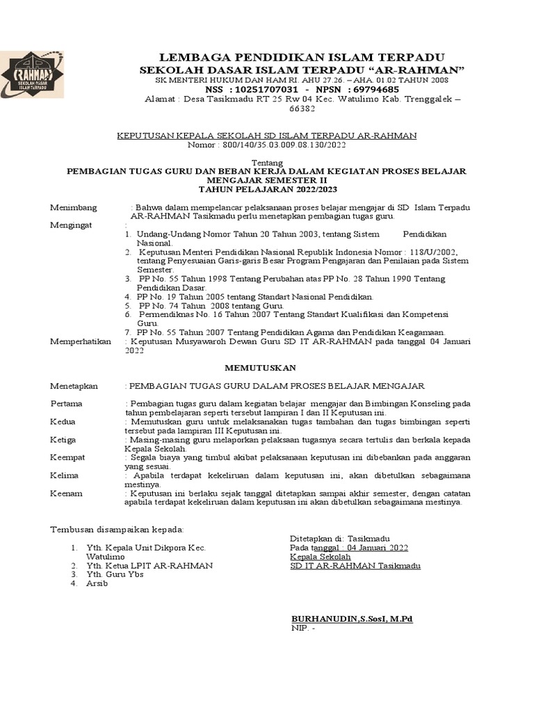 SK PEMBAGIAN TUGAS Tahun Ajaran 2022 2023 | PDF