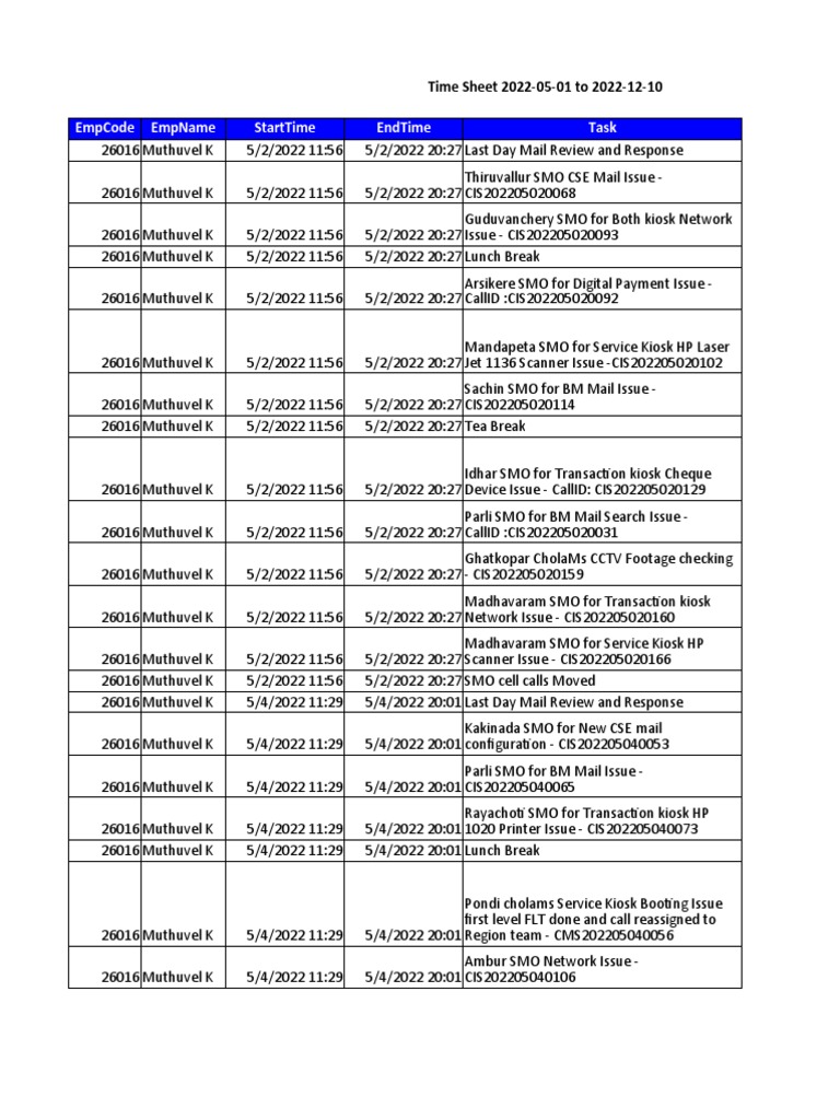 Timesheet - SMO Engineer | Download Free PDF | Service Industries ...