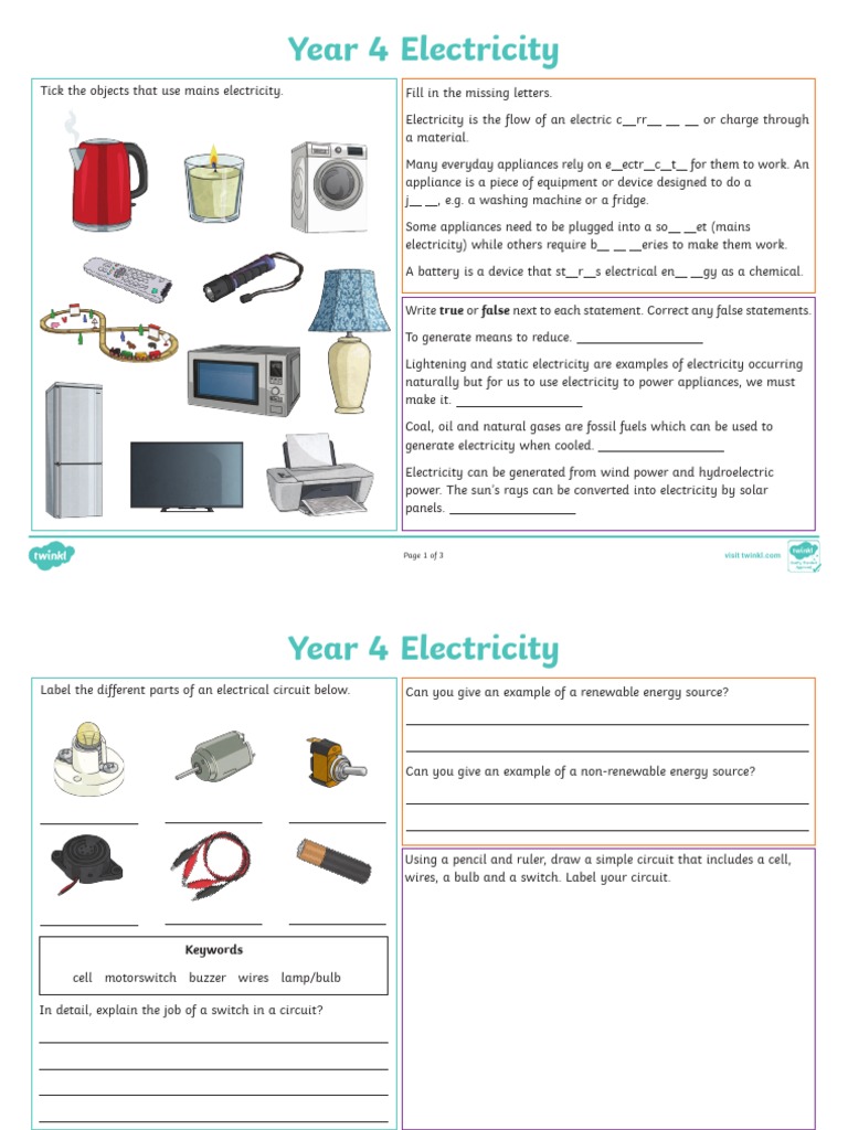 Year 4 Electricity Worksheet Guide | PDF | Electricity | Energy Development