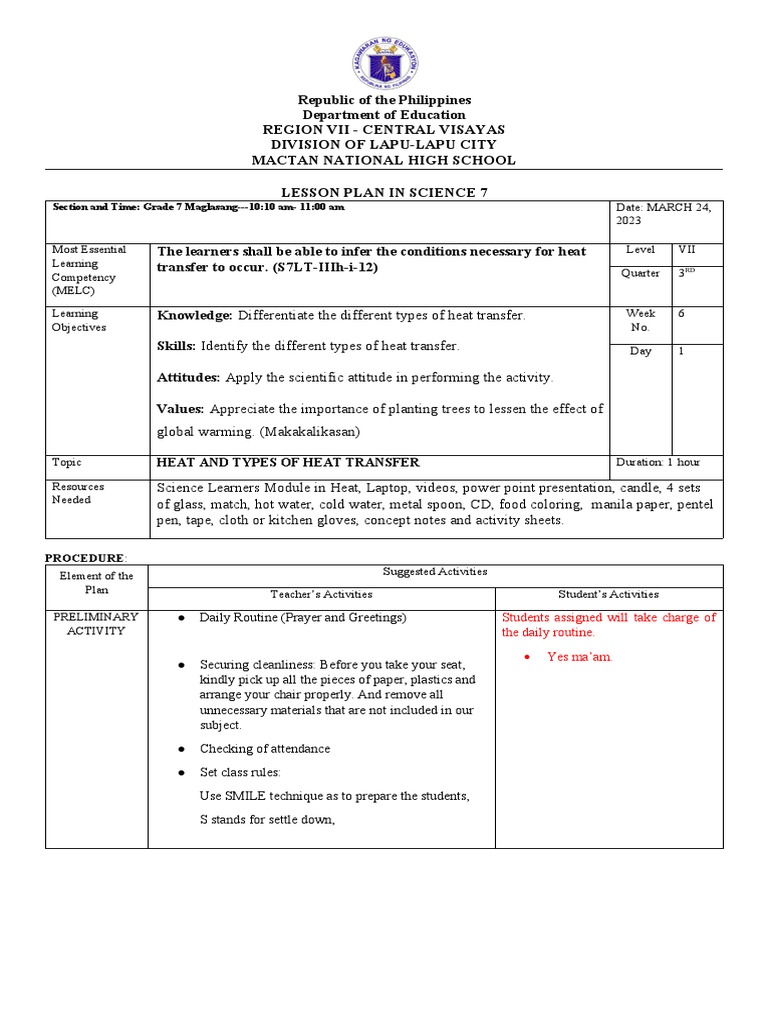 Detailed Lesson Plan in HEAT (COT1) | PDF | Heat Transfer | Heat