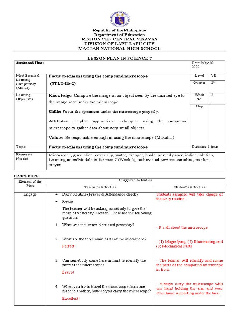 Science 7 Microscope Lesson Plan | PDF | Microscope | Optics