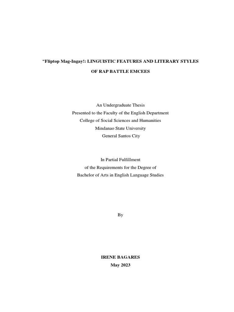 Fliptop Mag-Ingay: Linguistic Features and Literary Techniques of Fliptop Emcees Sample Format ...