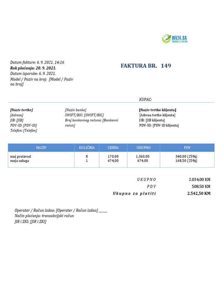 Obrazac Fakture Bih - Kopija | PDF