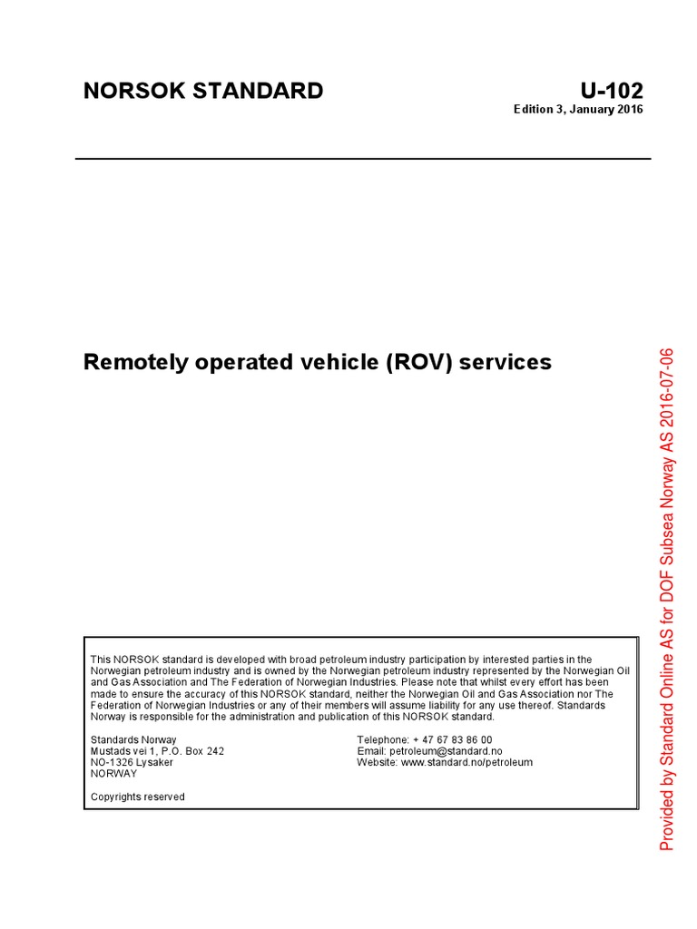 NORSOK U-102 Remotely Operated Vehicle (ROV) Services Ver 3 | PDF | Camera