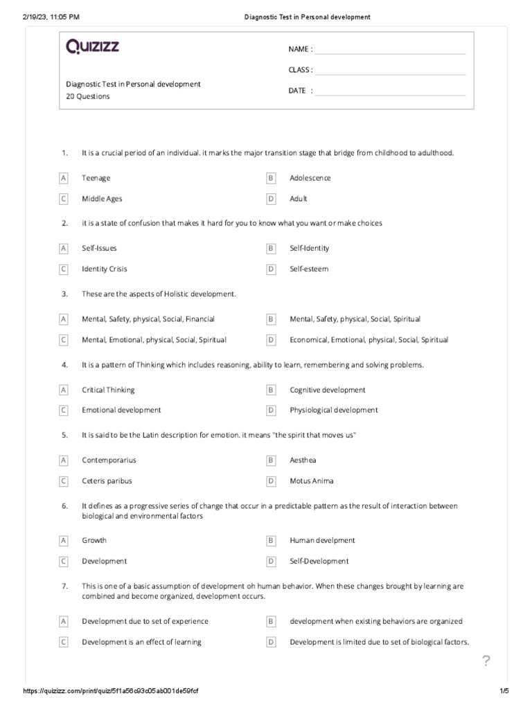 Diagnostic Test in Personal Development - 1 | PDF | Adolescence ...