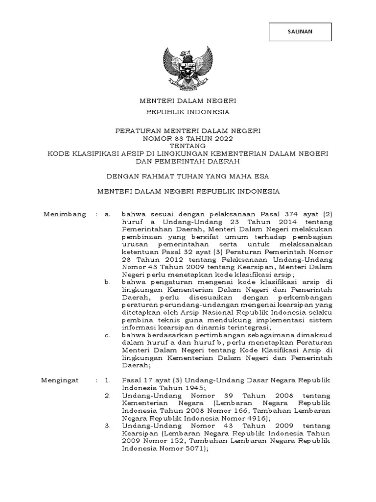 2022-Peraturan Menteri Dalam Negeri Nomor 83 Tahun 2022 | PDF
