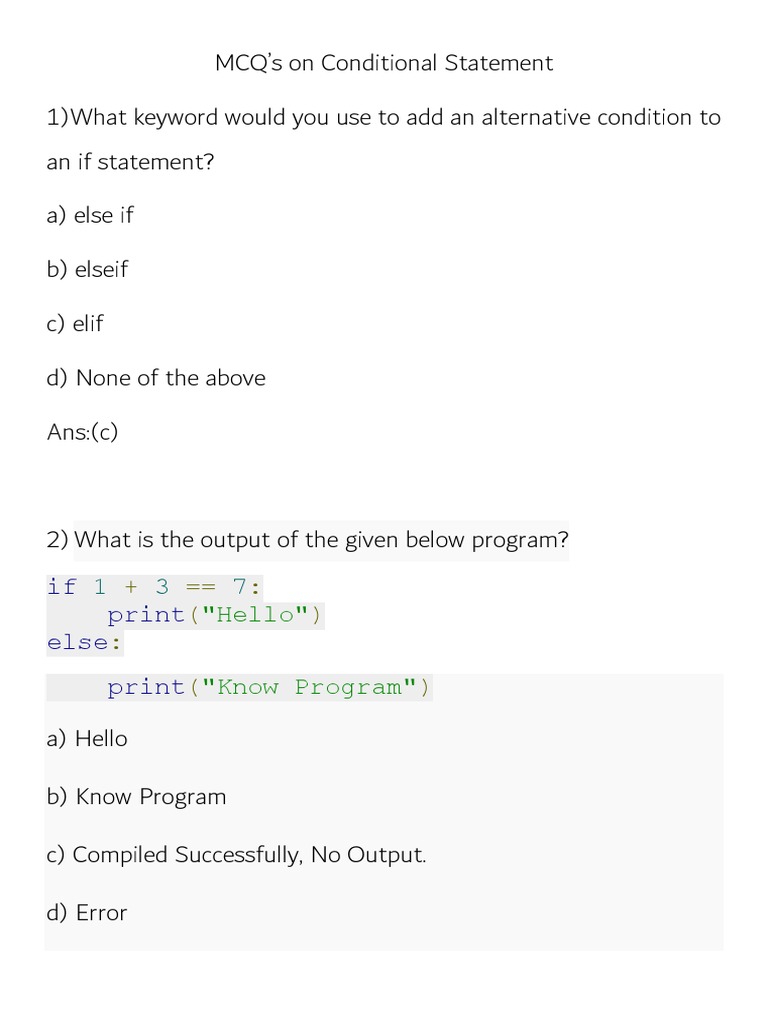 MCQ's On Conditional Statement | PDF | Control Flow | Boolean Data Type