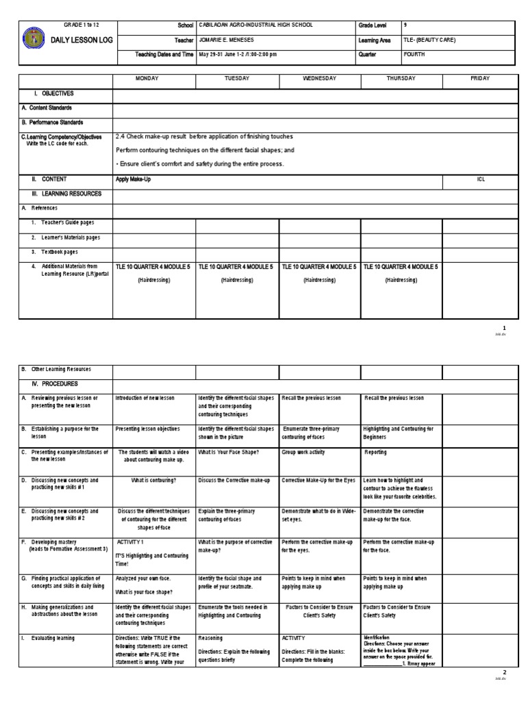Grade 10 Hairdressing Lesson Plan | PDF | Cosmetics | Behavior Modification
