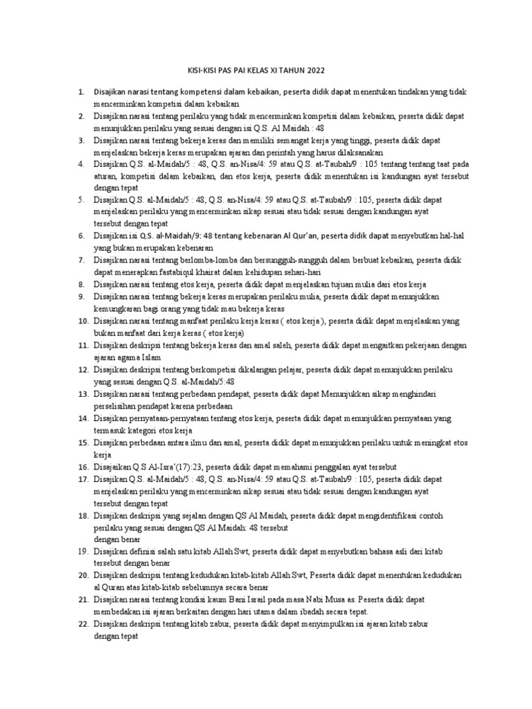 Kisi-Kisi Pas Pai Kelas Xi Tahun 2022 | PDF