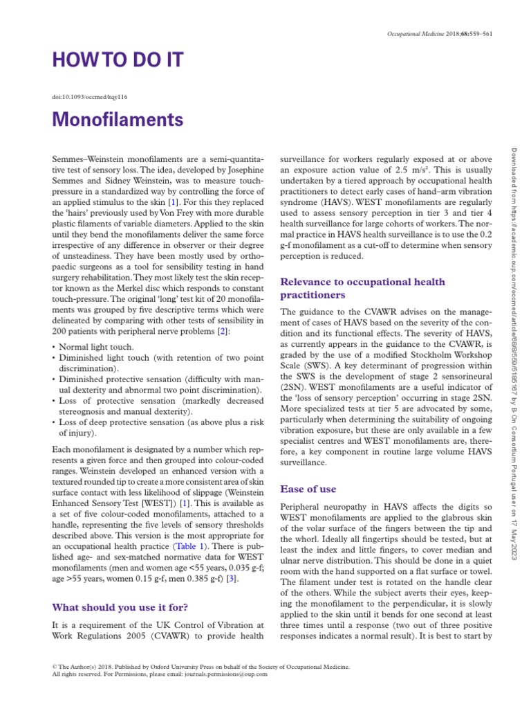 Monofilaments Occupational Medicine | PDF