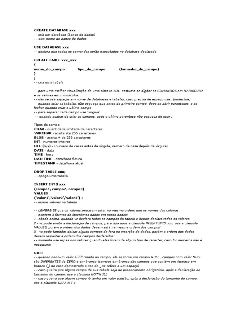 (Estudo) - Resumo SQL | PDF | Tabela (banco de dados) | Dados