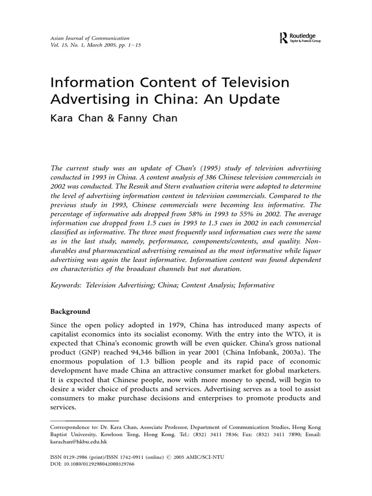 Information Content of Television in China | PDF | Advertising | Brand
