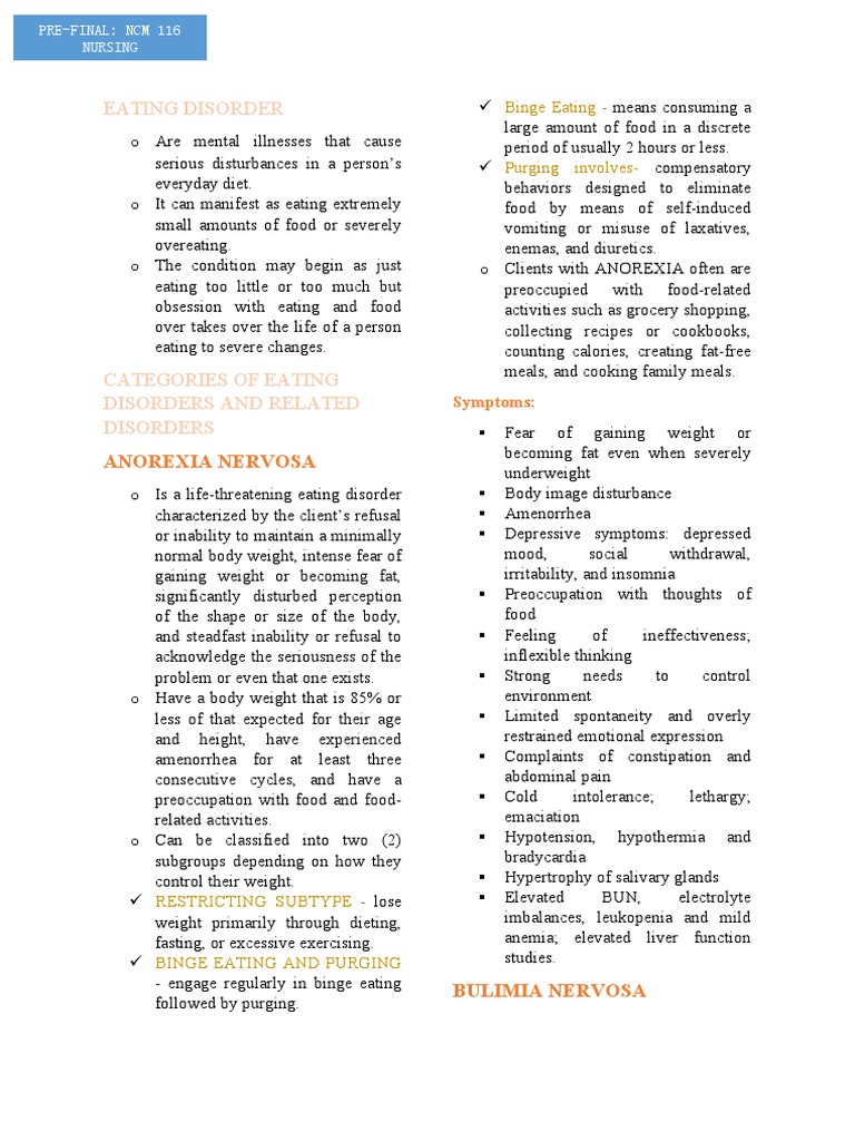Pre-Final NCM 116 - Eating Disorder | PDF | Substance Abuse | Substance ...