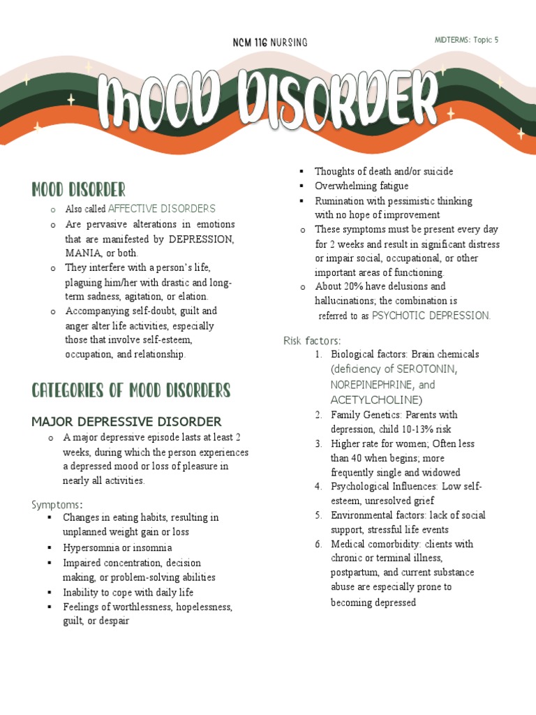 NCM 116 Midterms Topic 5 Mood Disorders Notes | PDF | Career & Growth