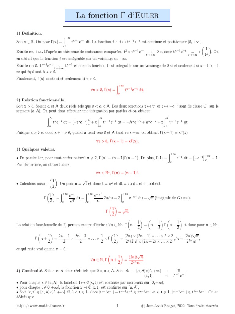 La fonction gamma d'Euler expliquée | PDF | Fonction (Mathématiques ...