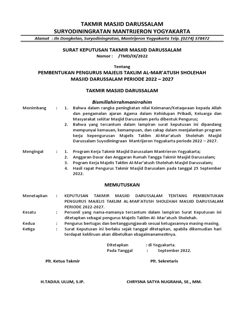 SK Pengurus Majelis Taklim 2022-2027 | PDF
