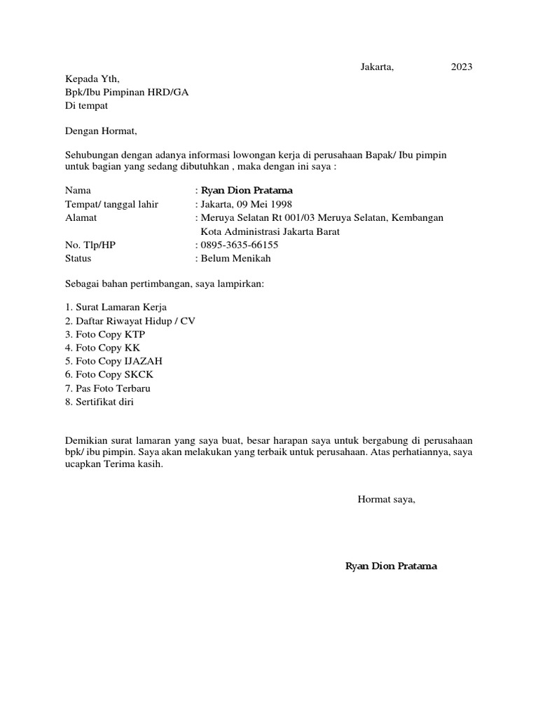 Lamaran Kerja RYAN TERBARU.1 | PDF