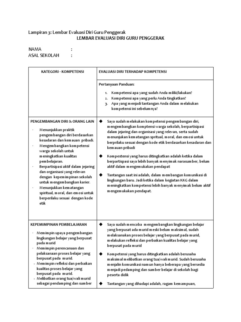 Lampiran 3 - Lembar Evaluasi Diri Guru Penggerak-1 | PDF