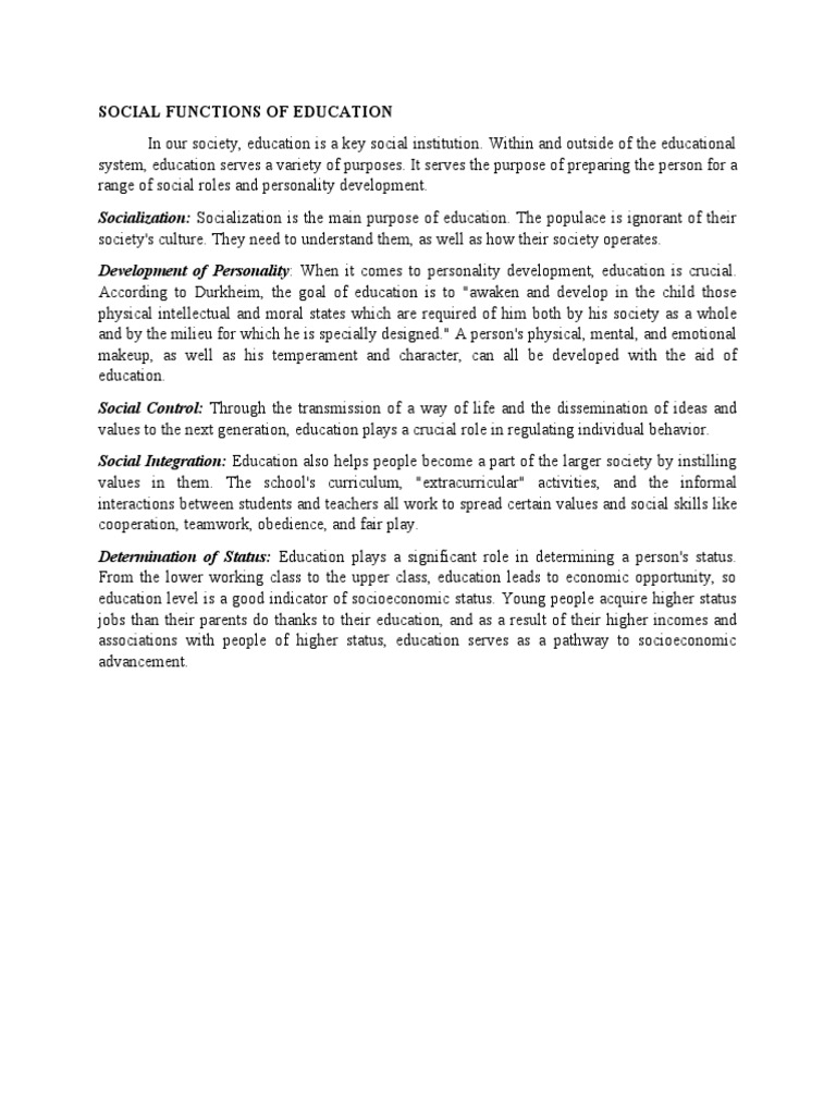 SOCIAL FUNCTIONS OF EDUCATION | PDF
