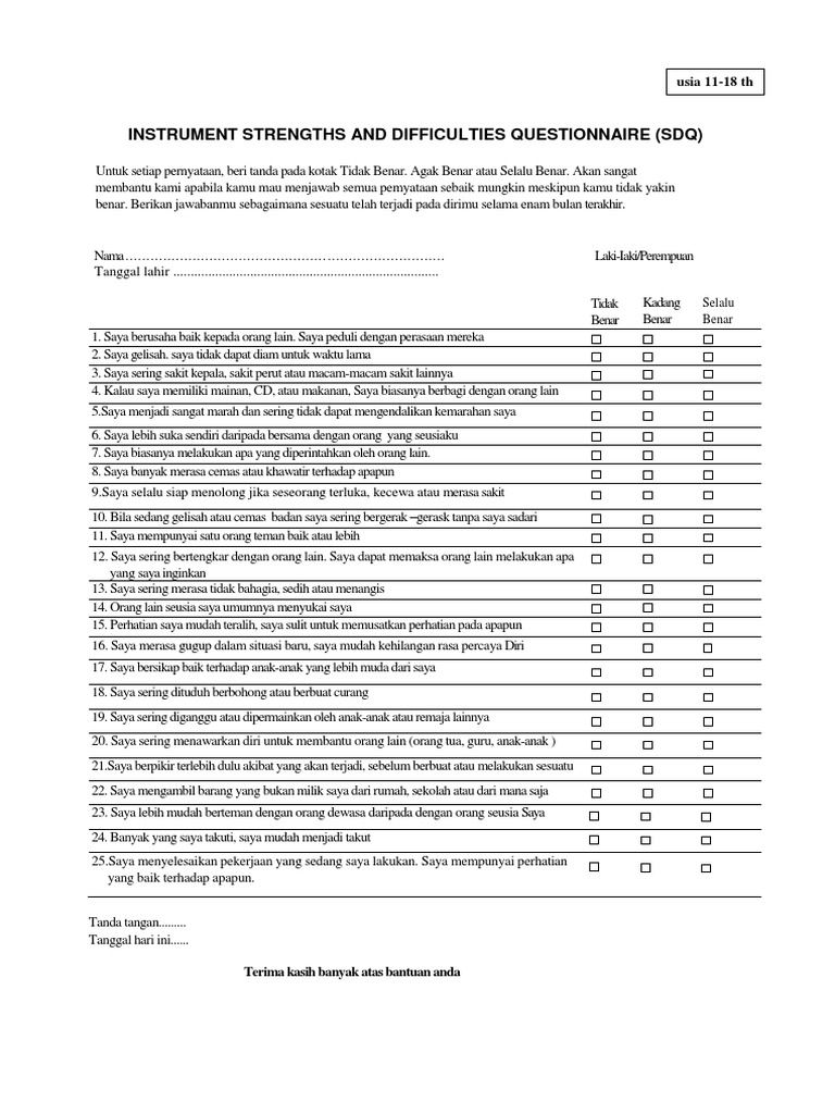 Kuesioner SDQ untuk Usia 11-18 Tahun | PDF | Pengembangan Diri ...