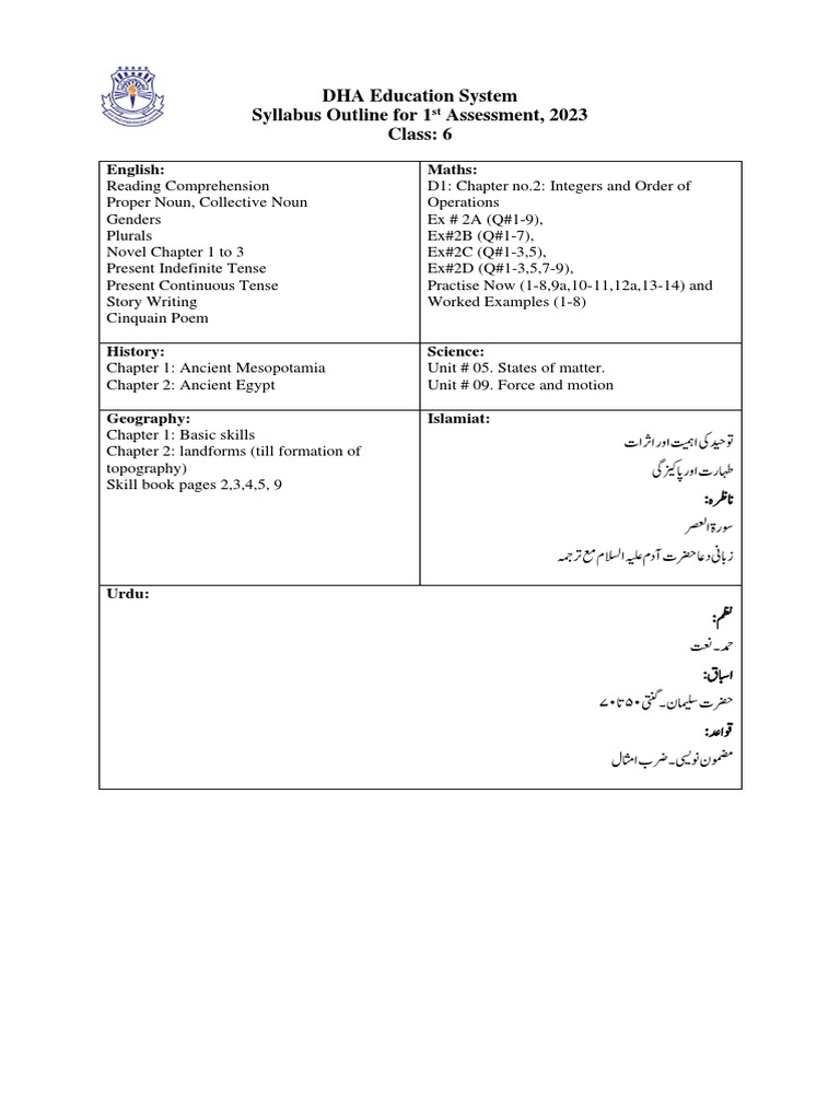 class 6 1st asseesment | PDF