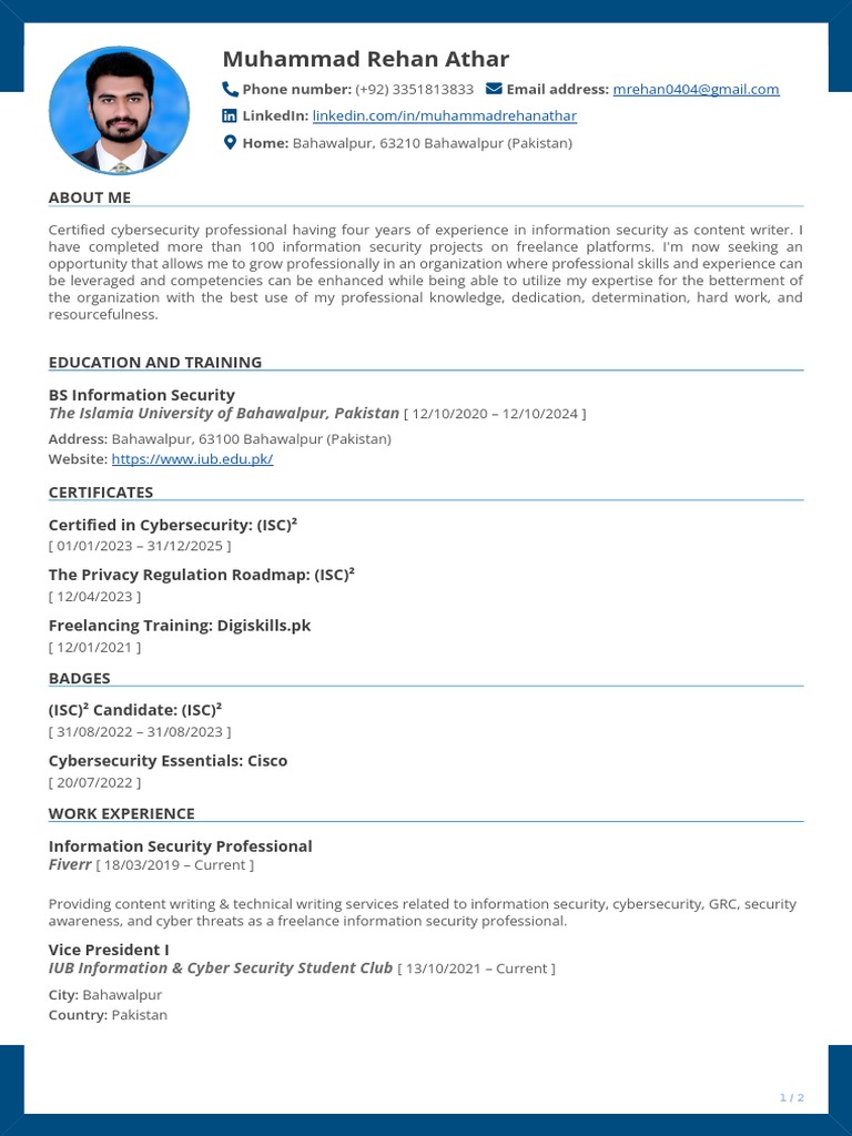 CV - Muhammad Rehan Athar | PDF | Security | Computer Security