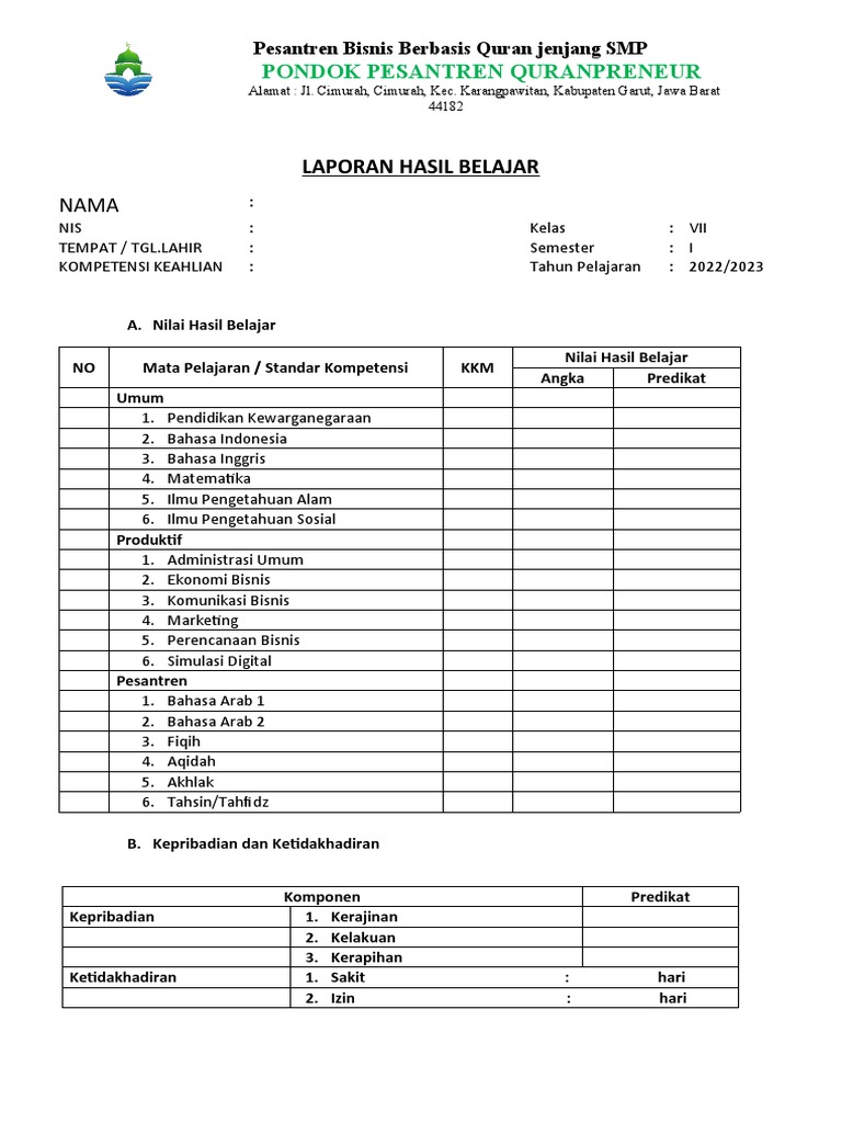 Contoh Rapot Pesantren 2023 | PDF