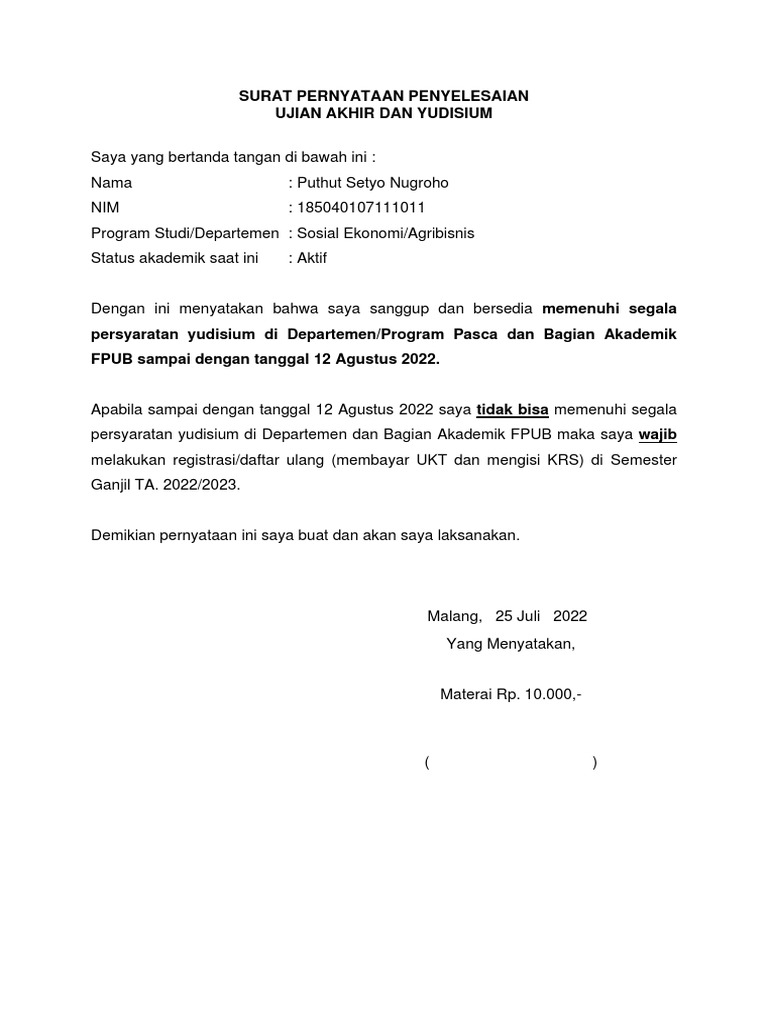 Surat Pernyataan Yudisium FP UB | PDF