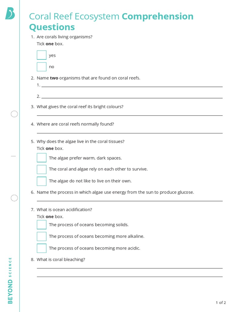 Coral Reef Ecosystem Comprehension Guide | PDF | Coral Reef | Ocean ...