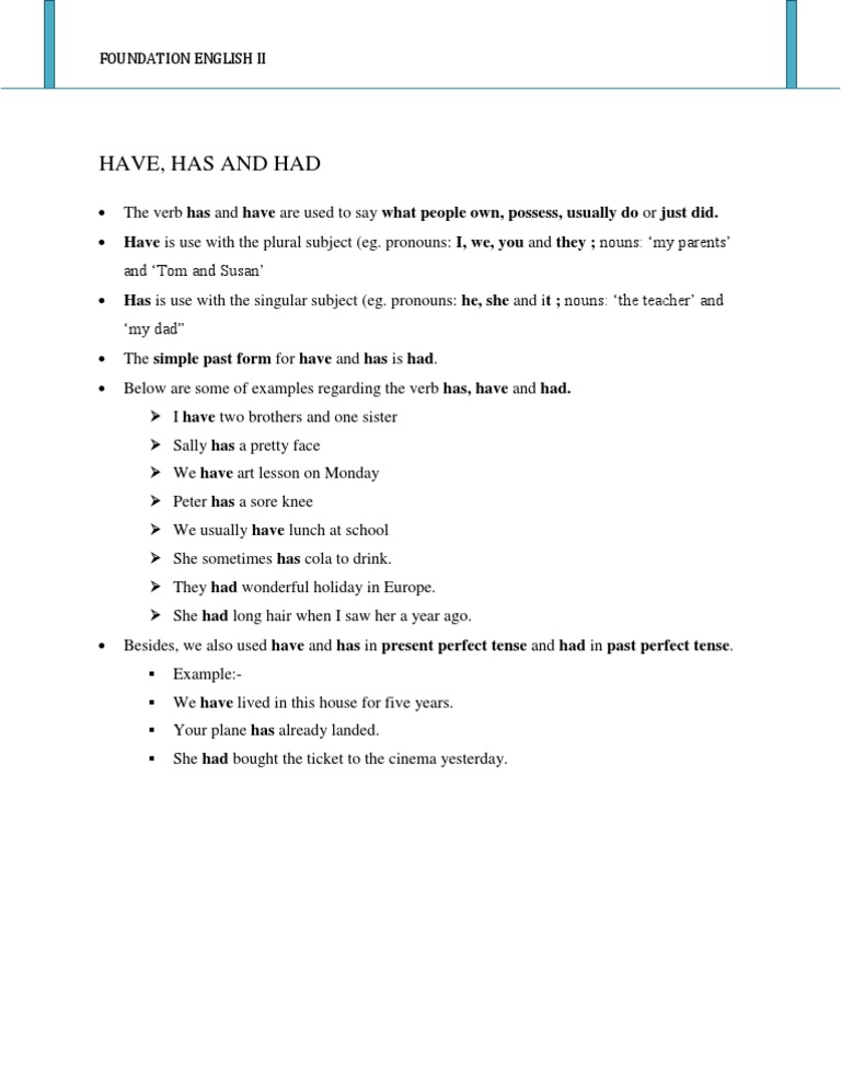 Understanding Have, Has, and Had | PDF