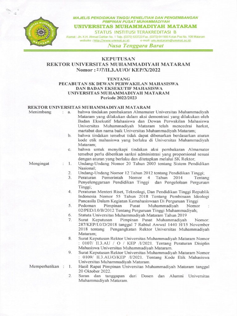 Pencabutan SK DPM Dan Bem Ummat Periode 2022-2023 | PDF