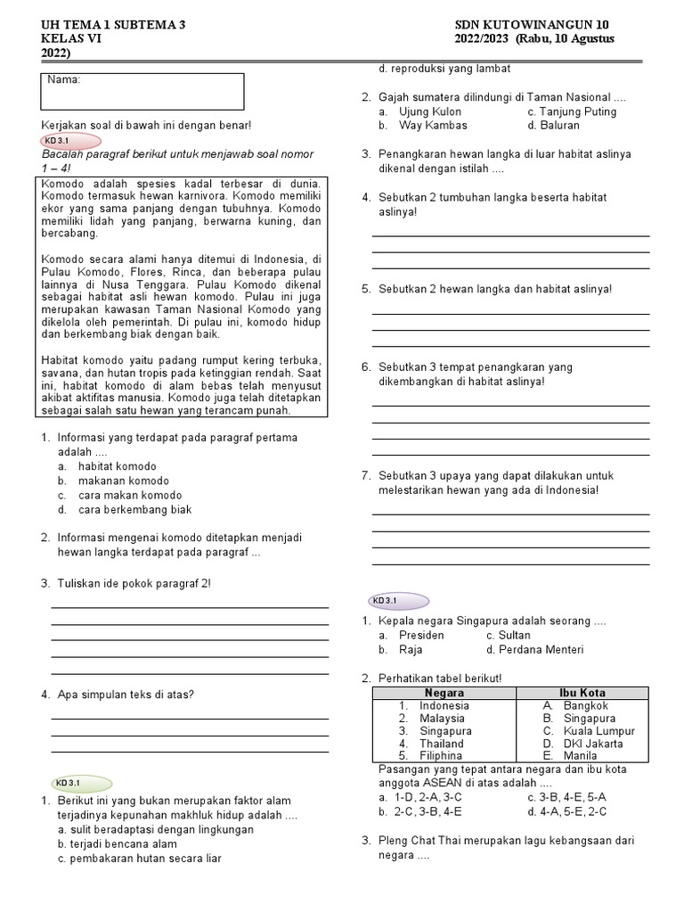 Penilaian Harian Kelas 6 Tema 1 Subtema 3 | PDF