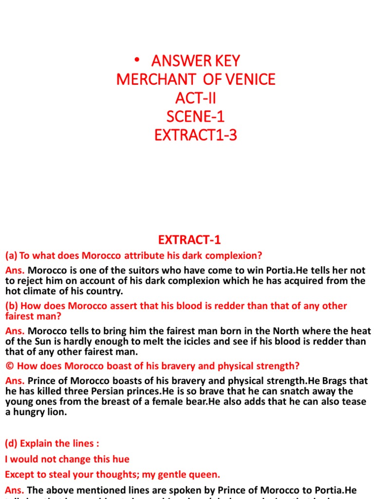 Answer Key Merchant of Venice Act-Ii Scene-1 Extract1-3 | PDF